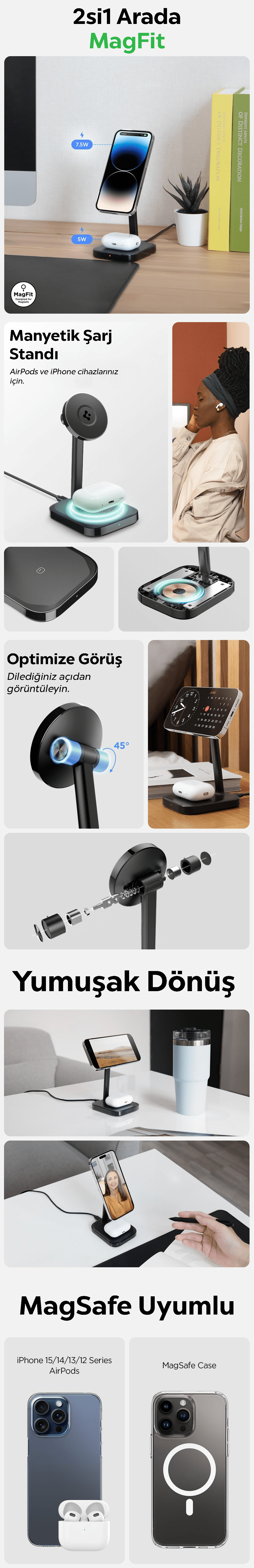 Spigen ArcField Dual (MagFit) MagSafe Uyumlu 7.5W Kablosuz Şarj Standı ...