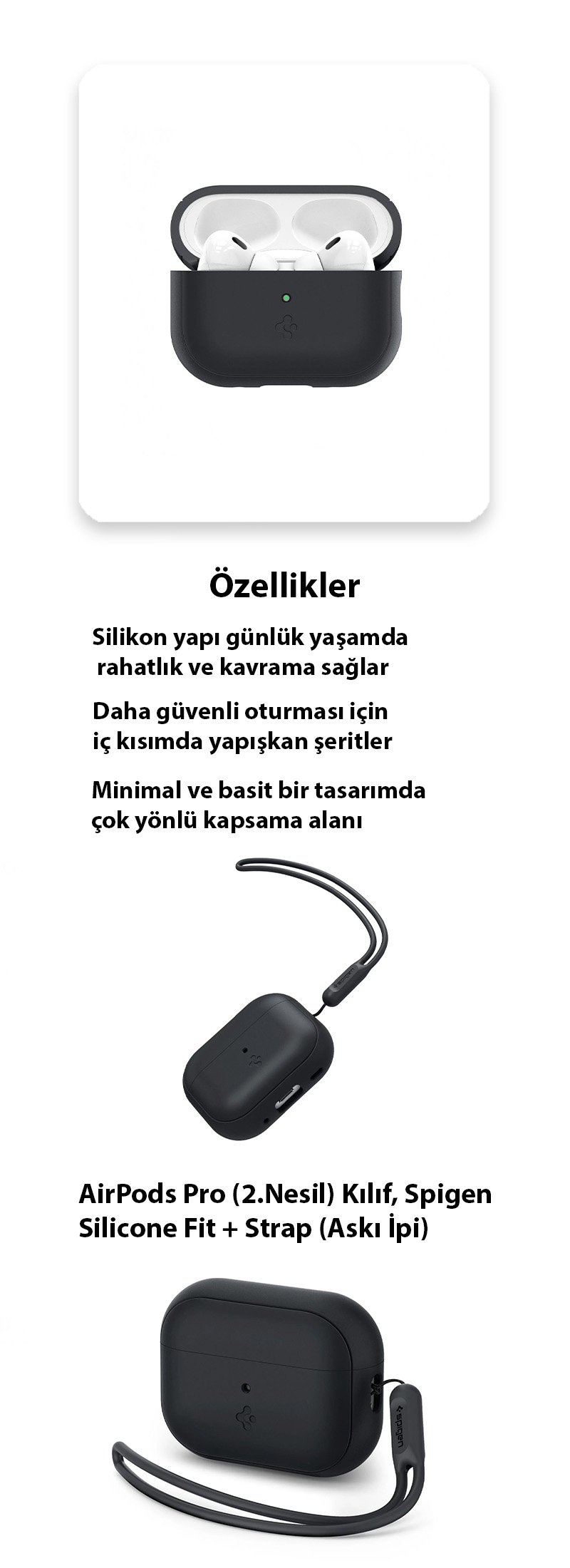 AirPods Pro (2.Nesil) Kılıf, Spigen Silicone Fit + Strap (Askı İpi) - Spigen